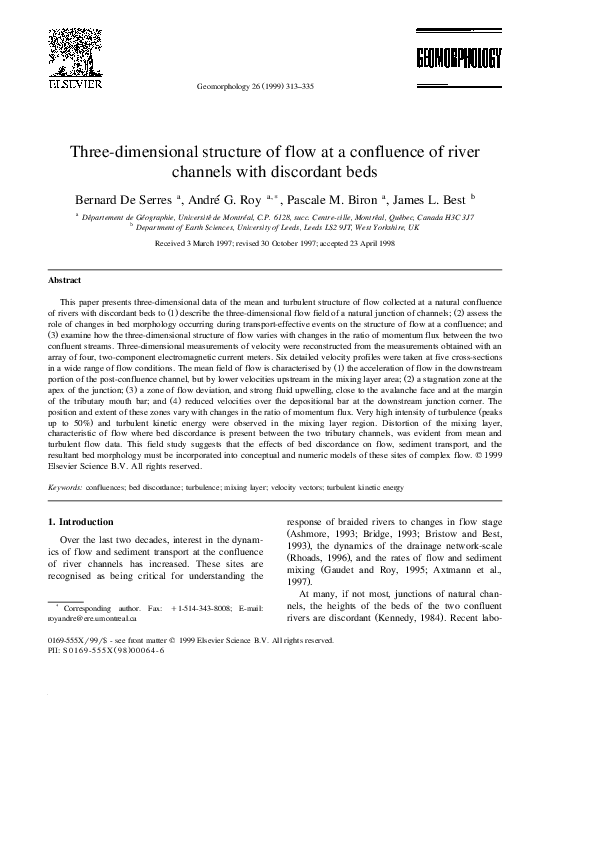 (PDF) Three-dimensional structure of flow at a confluence of river channels with discordant beds