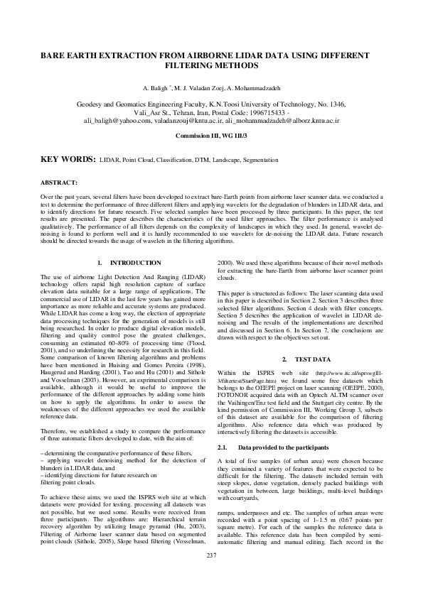 Pdf Bare Earth Extraction From Airborne Lidar Data Using Different Filtering Methods