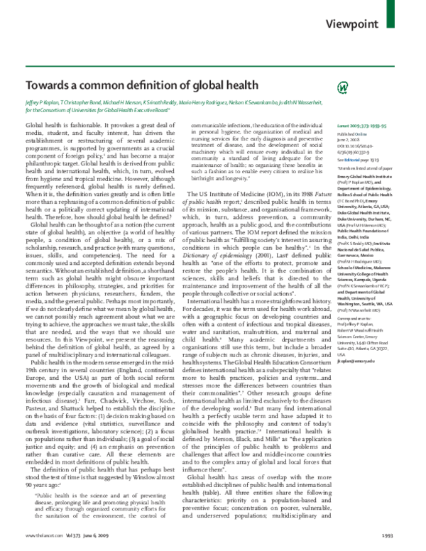 (PDF) Towards a common definition of global health