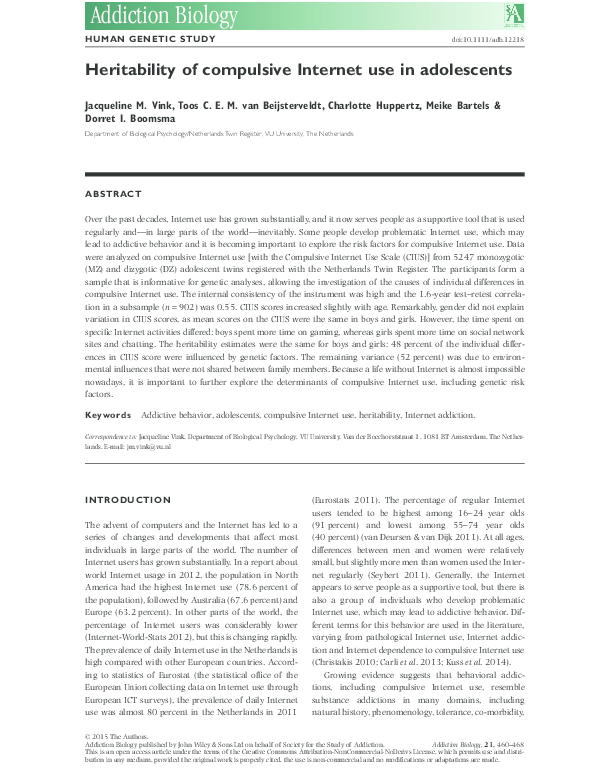 (PDF) Heritability of compulsive Internet use in adolescents