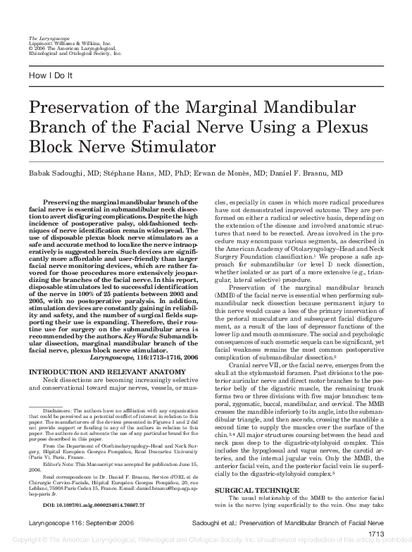 (PDF) Preservation of the Marginal Mandibular Branch of the Facial ...