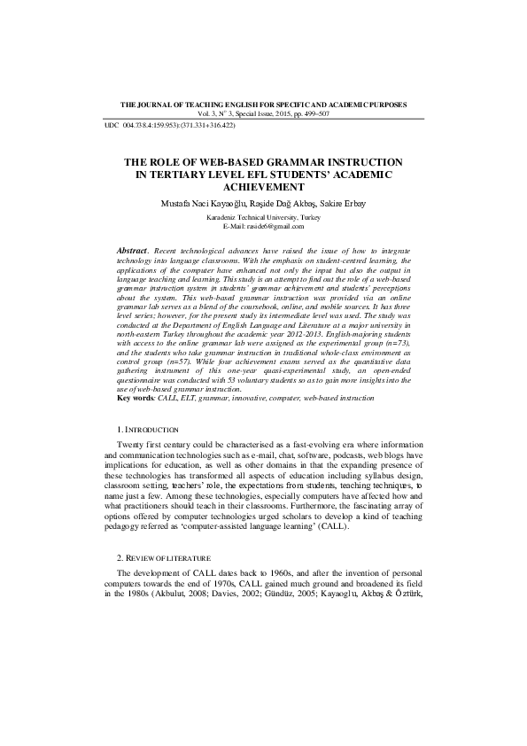 (PDF) The Role of Web-based Grammar Instruction in Tertiary Level EFL Students' Academic Achievement