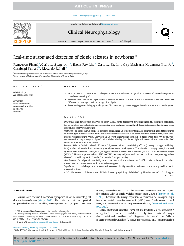 Pdf Real Time Automated Detection Of Clonic Seizures In Newborns