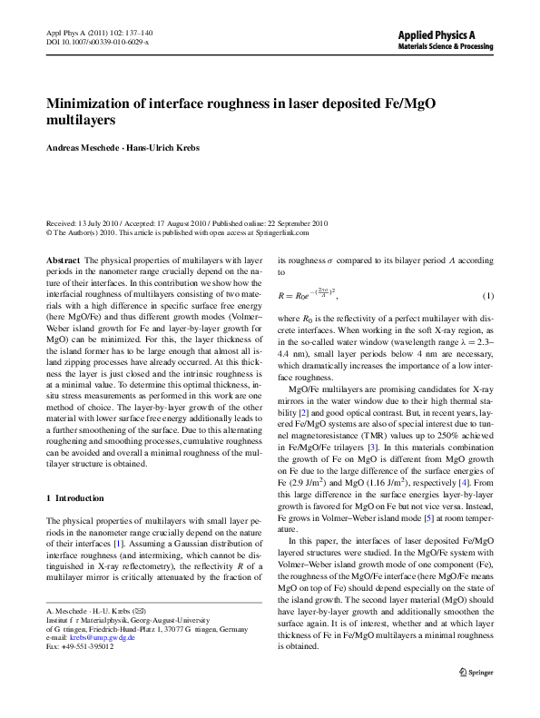 (PDF) Minimization of interface roughness in laser deposited Fe/MgO multilayers