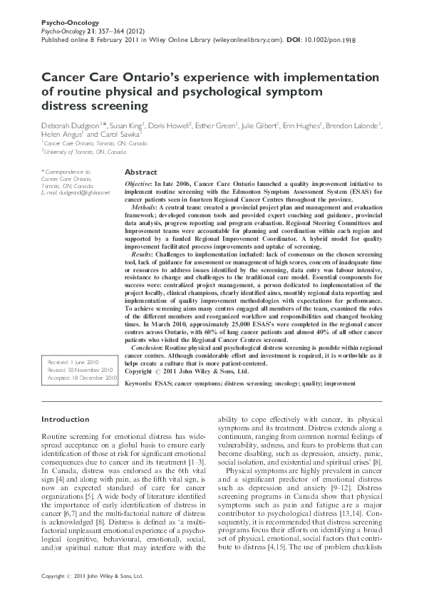 (PDF) Cancer Care Ontario's experience with implementation of routine ...