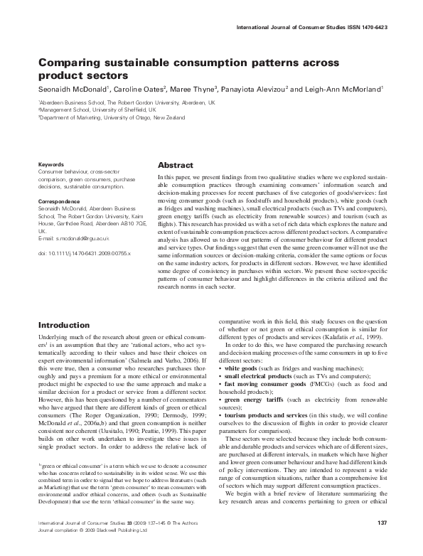 Pdf Comparing Sustainable Consumption Patterns Across Product Sectors