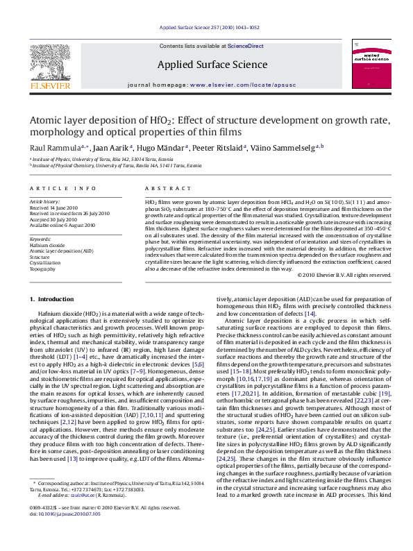 (PDF) Atomic layer deposition of HfO2: Effect of structure development on growth rate ...