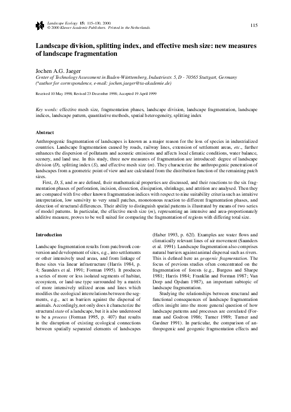 (PDF) Landscape division, splitting index, and effective mesh size: new ...