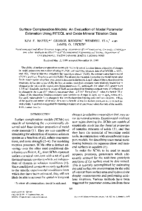 Pdf Surface Complexation Models An Evaluation Of Model Parameter Estimation Using Fiteql And