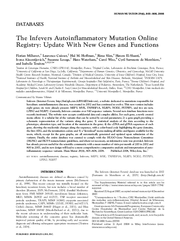 (PDF) The infevers autoinflammatory mutation online registry: update ...