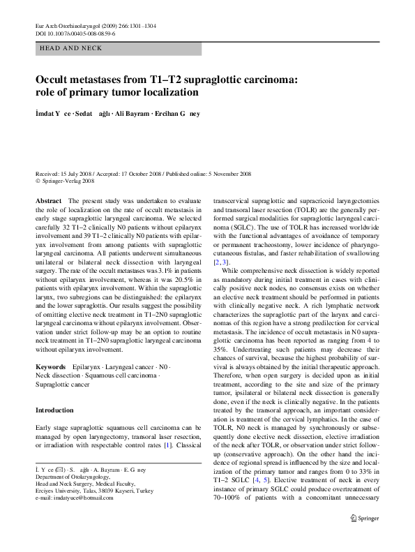 (PDF) Occult metastases from T1–T2 supraglottic carcinoma: role of ...