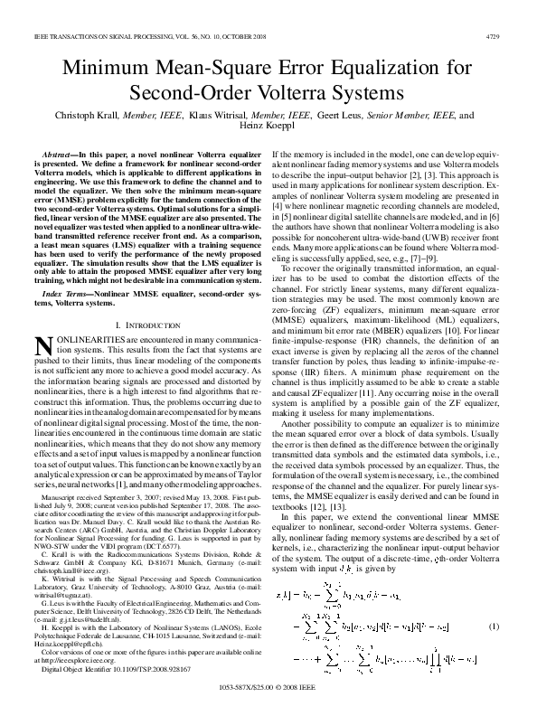 (PDF) Minimum Mean-Square Error Equalization for Second-Order Volterra Systems