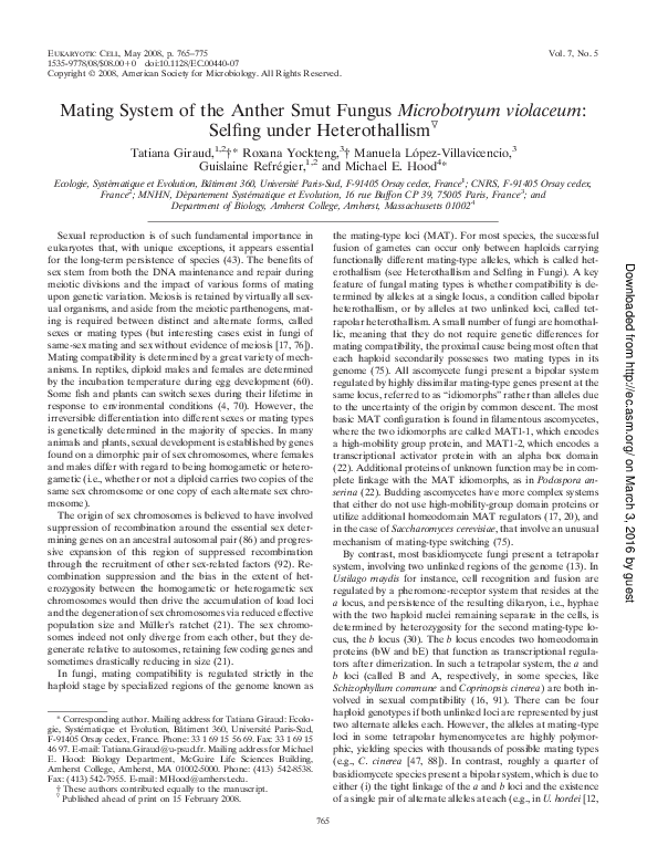 (PDF) Mating System of the Anther Smut Fungus Microbotryum violaceum ...