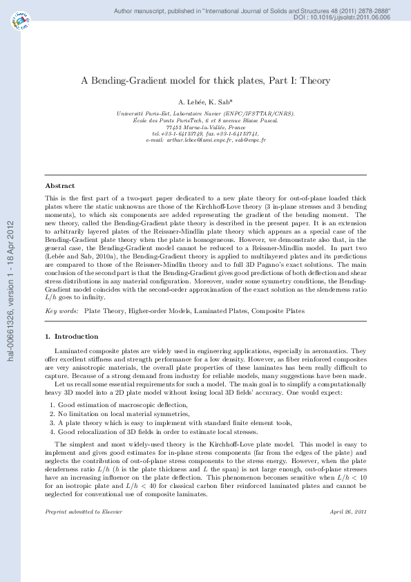 (PDF) A Bending-Gradient model for thick plates. Part I: Theory