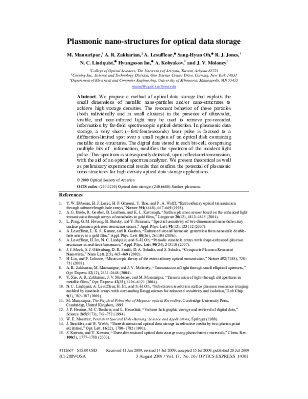 (PDF) Plasmonic nano-structures for optical data storage