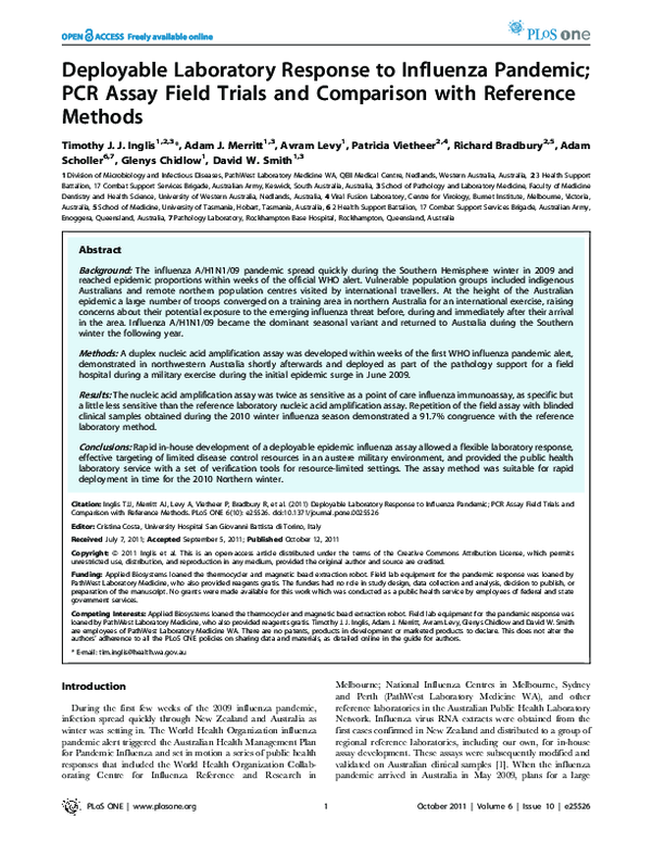 (PDF) Deployable Laboratory Response to Influenza Pandemic; PCR Assay ...