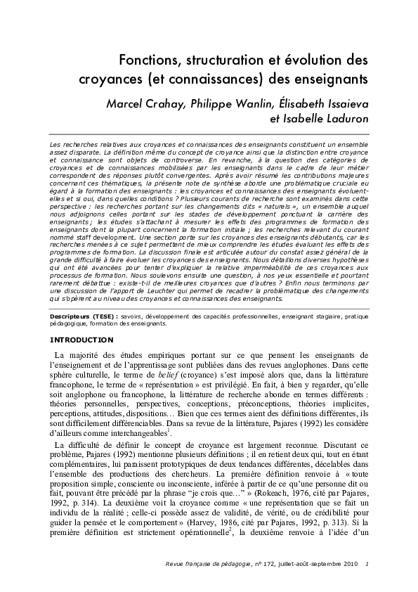 (PDF) Fonctions, structuration et évolution des croyances (et connaissances) des enseignants