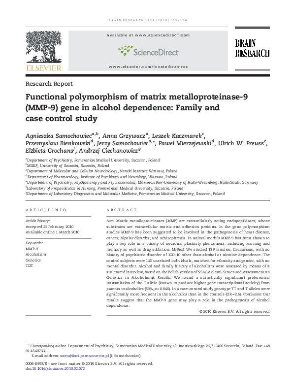 (PDF) MMP-9 Gene Polymorphism Linked to Alcohol Dependence
