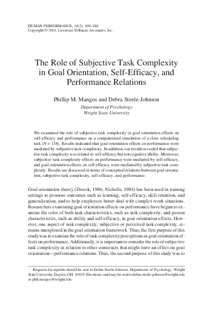 (PDF) The Role of Subjective Task Complexity in Goal Orientation, Self-Efficacy, and Performance ...