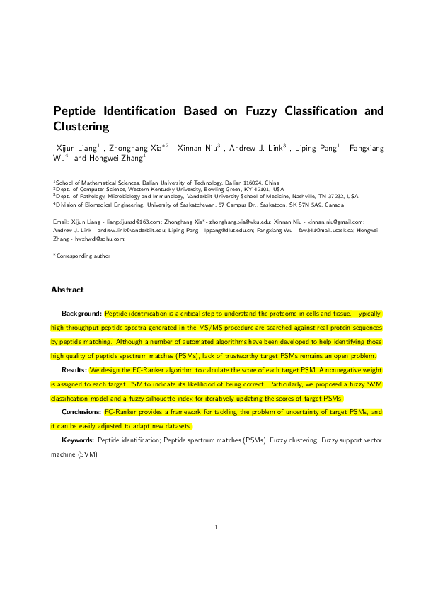 (PDF) Peptide Identification Based on Fuzzy Classification and Clustering