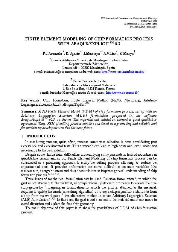 Pdf Finite Element Modeling Of Chip Formation Process With Abaqus