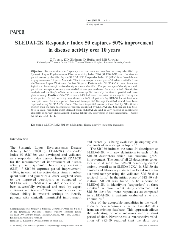 (PDF) SLEDAI-2K Responder Index 50 captures 50% improvement in disease activity over 10 years ...
