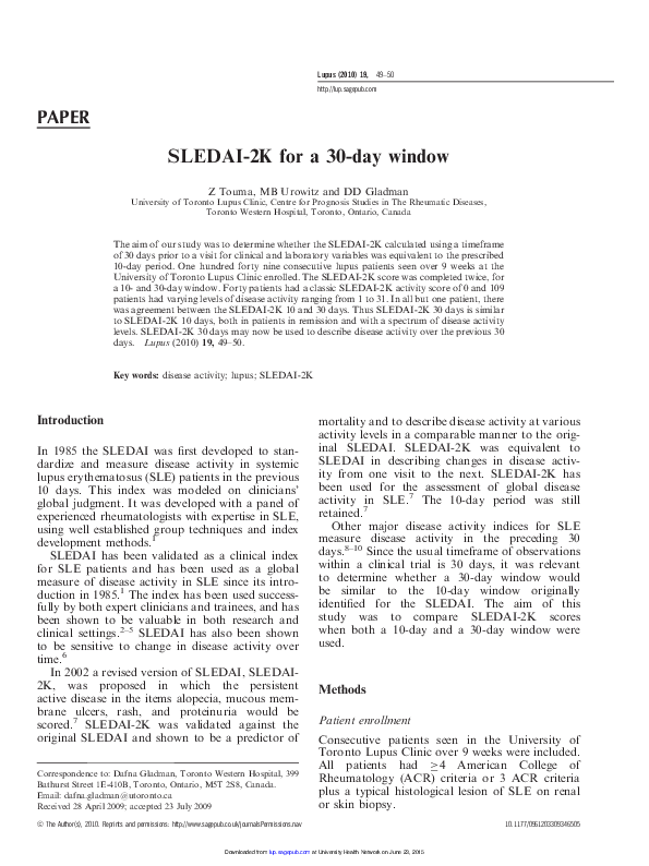 (PDF) SLEDAI-2K for a 30-day window