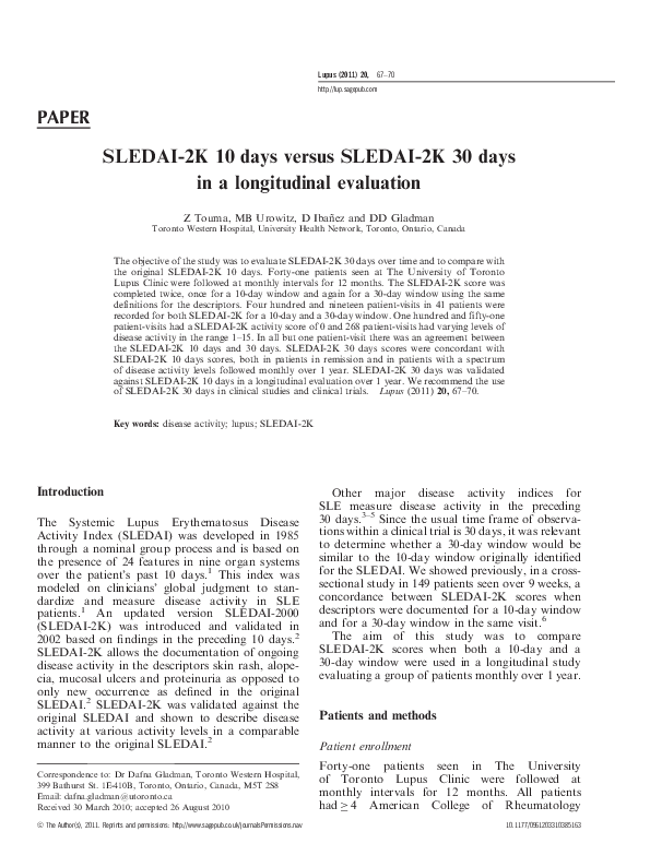 (PDF) SLEDAI-2K 10 days versus SLEDAI-2K 30 days in a longitudinal ...