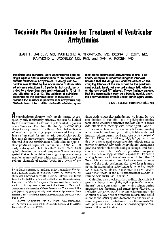 (PDF) Tocainide plus quinidine for treatment of ventricular arrhythmias