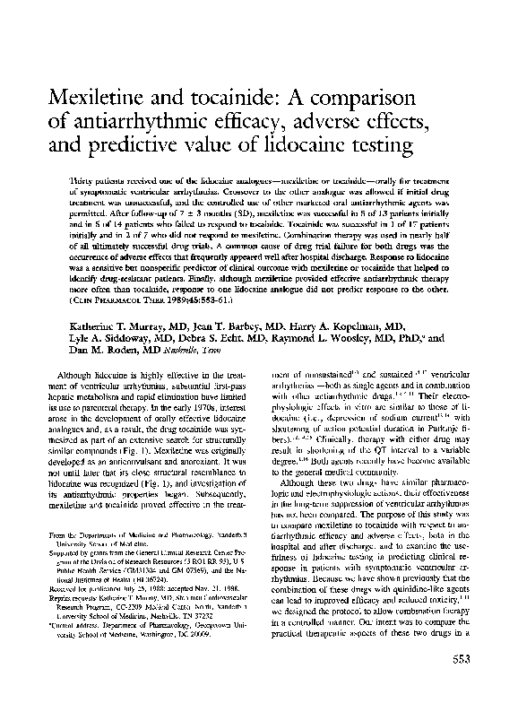 (PDF) Mexiletine and tocainide: A comparison of antiarrhythmic efficacy ...