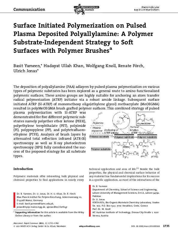 (PDF) Surface Initiated Polymerization on Pulsed Plasma Deposited ...
