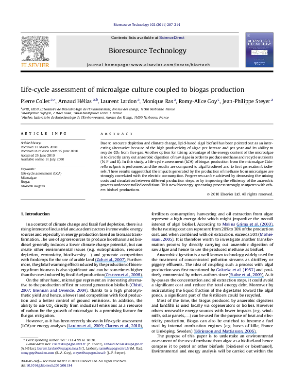 (PDF) Life-cycle assessment of microalgae culture coupled to biogas production