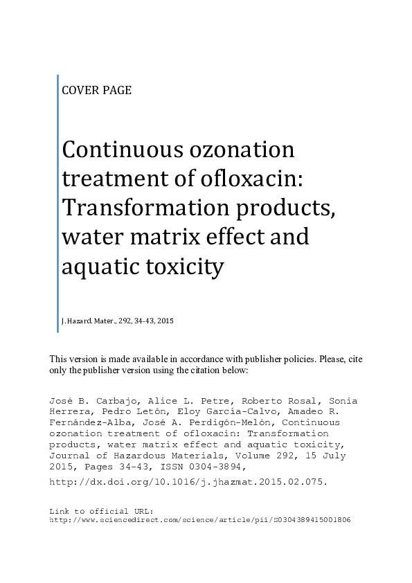 (PDF) Continuous ozonation treatment of ofloxacin: Transformation ...