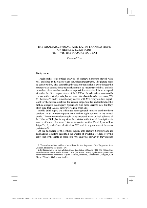 (PDF) THE ARAMAIC, SYRIAC, AND LATIN TRANSLATIONS OF HEBREW SCRIPTURE VIS-À-VIS THE MASORETIC TEXT
