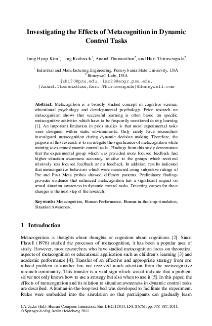 (PDF) Investigating the Effects of Metacognition in Dynamic Control Tasks