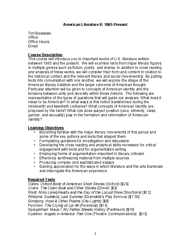 (PDF) Sample American Literature Syllabus