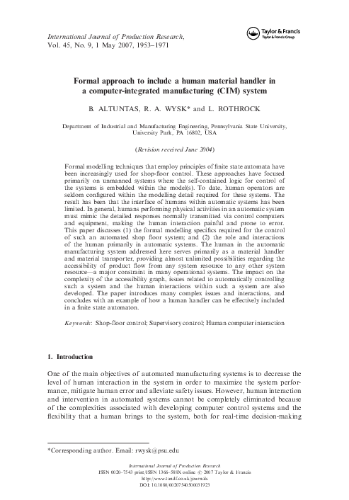 (PDF) Formal approach to include a human material handler in a computer-integrated manufacturing ...