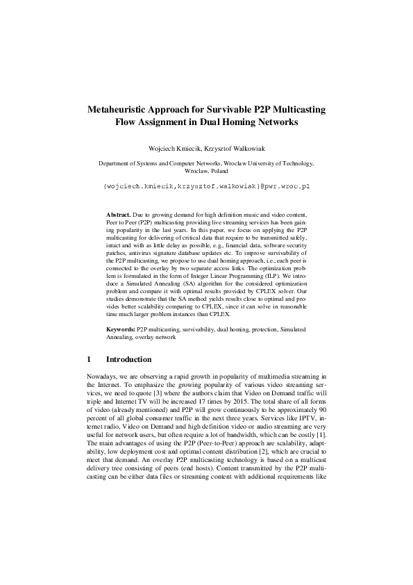 (PDF) Metaheuristic Approach for Survivable P2P Multicasting Flow Assignment in Dual Homing Networks