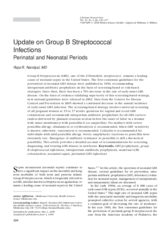 (PDF) Update on Group B Streptococcal Infections