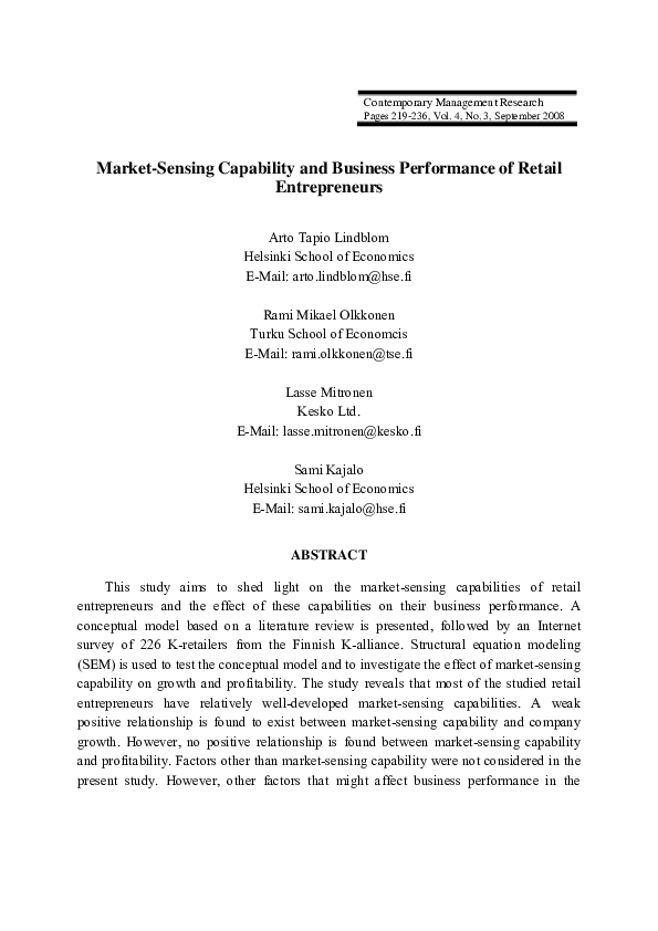 (PDF) Market-Sensing Capability and Business Performance of Retail Entrepreneurs