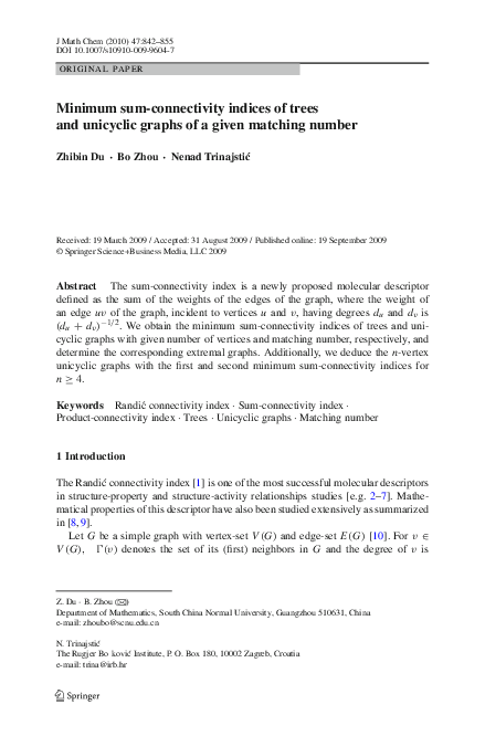 Pdf Minimum Sum Connectivity Indices Of Trees And Unicyclic Graphs Of A Given Matching Number