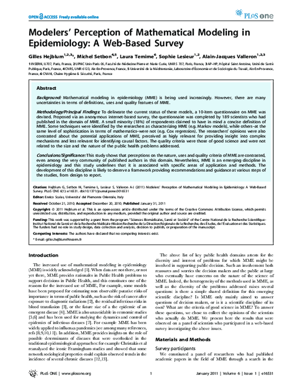 (PDF) Modelers' Perception of Mathematical Modeling in Epidemiology: A Web-Based Survey