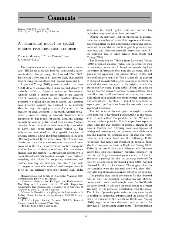 Pdf A Hierarchical Model For Spatial Capture Recapture Data