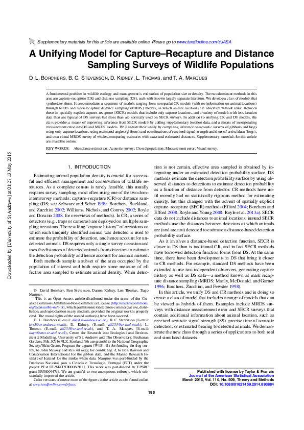 Pdf A Unifying Model For Capture Recapture And Distance Sampling Surveys Of Wildlife Populations
