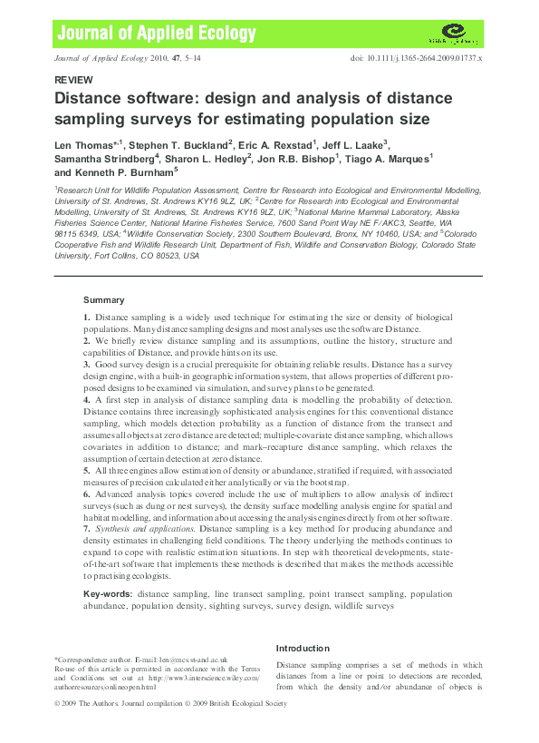 (PDF) Distance software: design and analysis of distance sampling ...