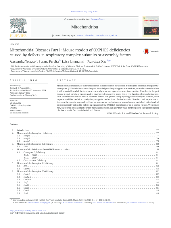 (PDF) Mitochondrial diseases Part I: Mouse models of oxphos ...