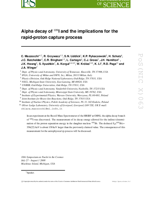 (PDF) Alpha decay of 109I and the implications for the rapid-proton ...
