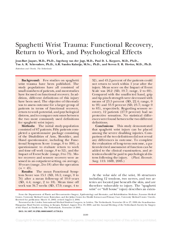 (PDF) Spaghetti Wrist Trauma: Functional Recovery, Return to Work, and ...