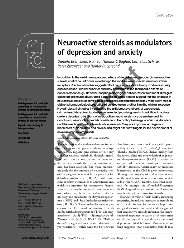 (PDF) Neuroactive steroids as modulators of depression and anxiety