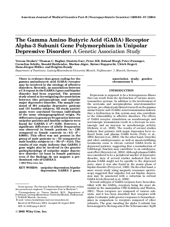 (PDF) The gamma amino butyric acid (GABA) receptor alpha-3 subunit gene ...